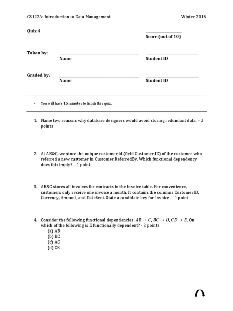 CS122A Winter 2015 Quiz 4 | PDF | Data Management | Computer Data