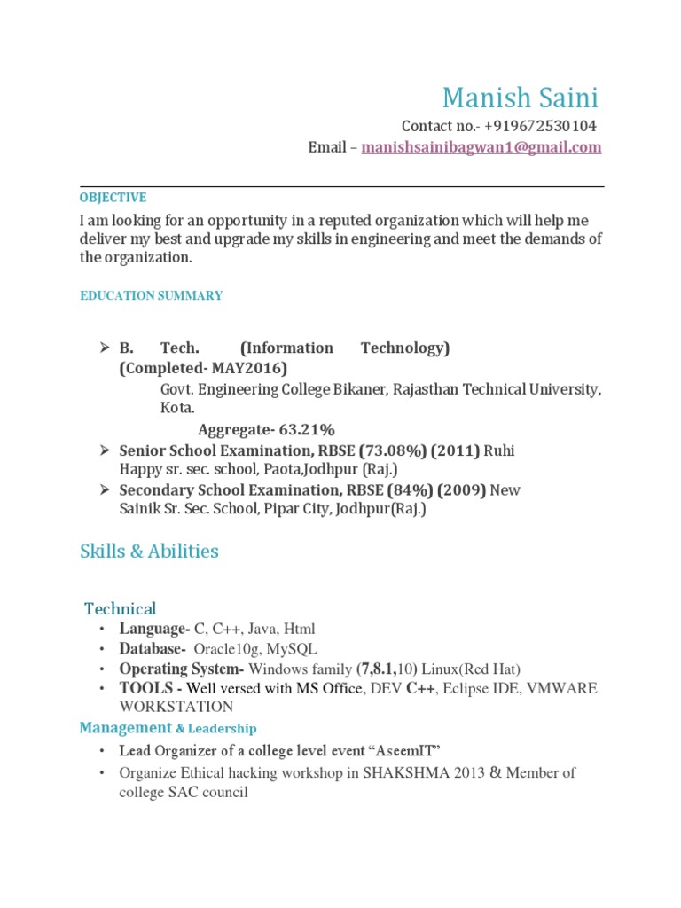 Engineering Resume: Manish Saini | PDF