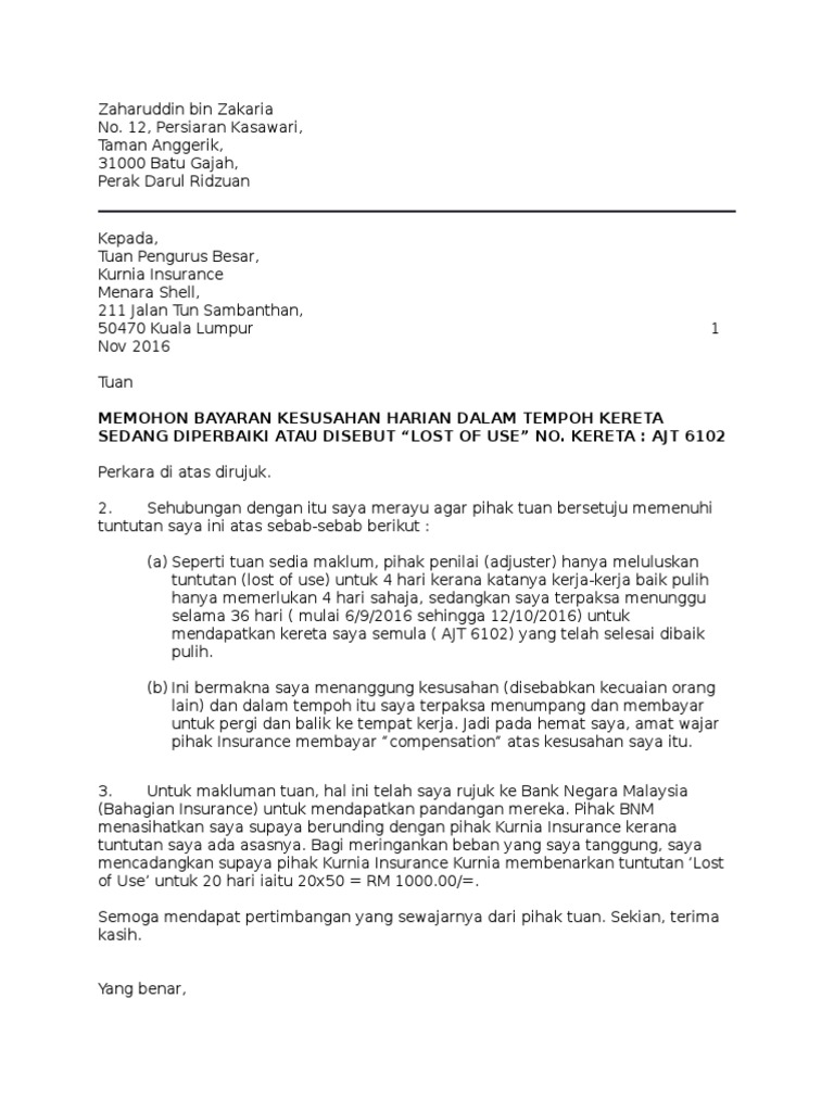 contoh surat loss of use - Mary Young