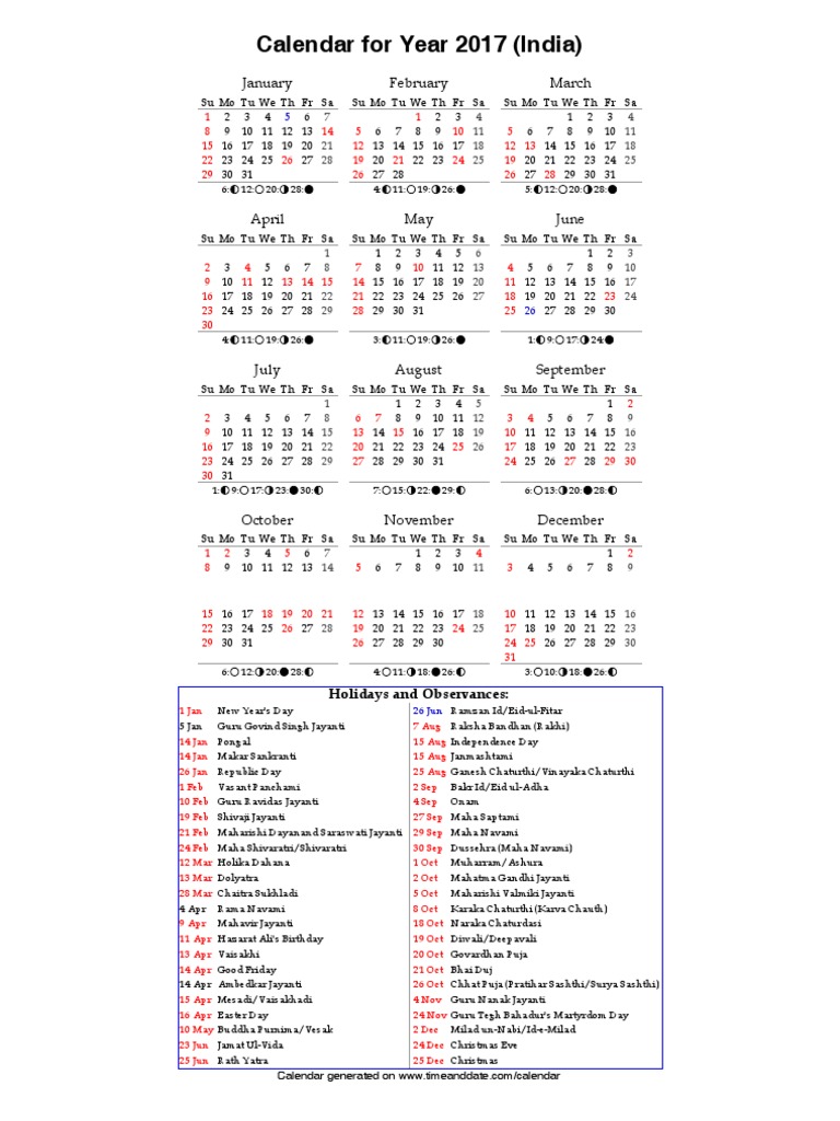 Year 2017 Calendar - India | PDF