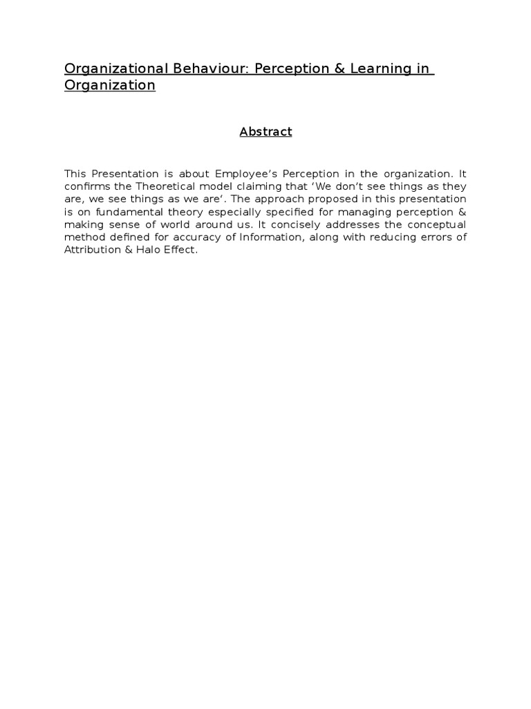 Organizational Behaviour: Perception & Learning in Organization | PDF