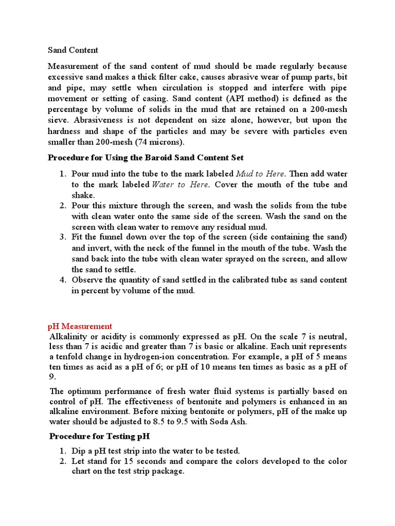 Procedure For Using The Baroid Sand Content Set: PH Measurement | PDF