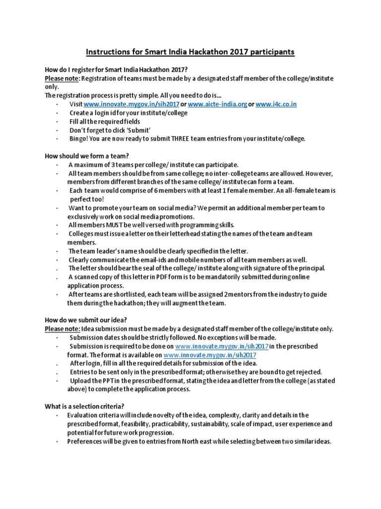 Instructions For Smart India Hackathon 2017 Participants | PDF | Mentorship | Social Media