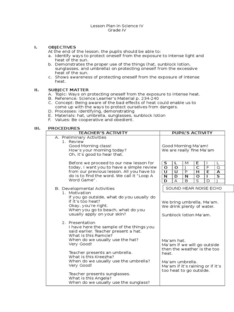 Sun Safety Lesson Plan for Grade 4 | PDF | Sunscreen | Lesson Plan