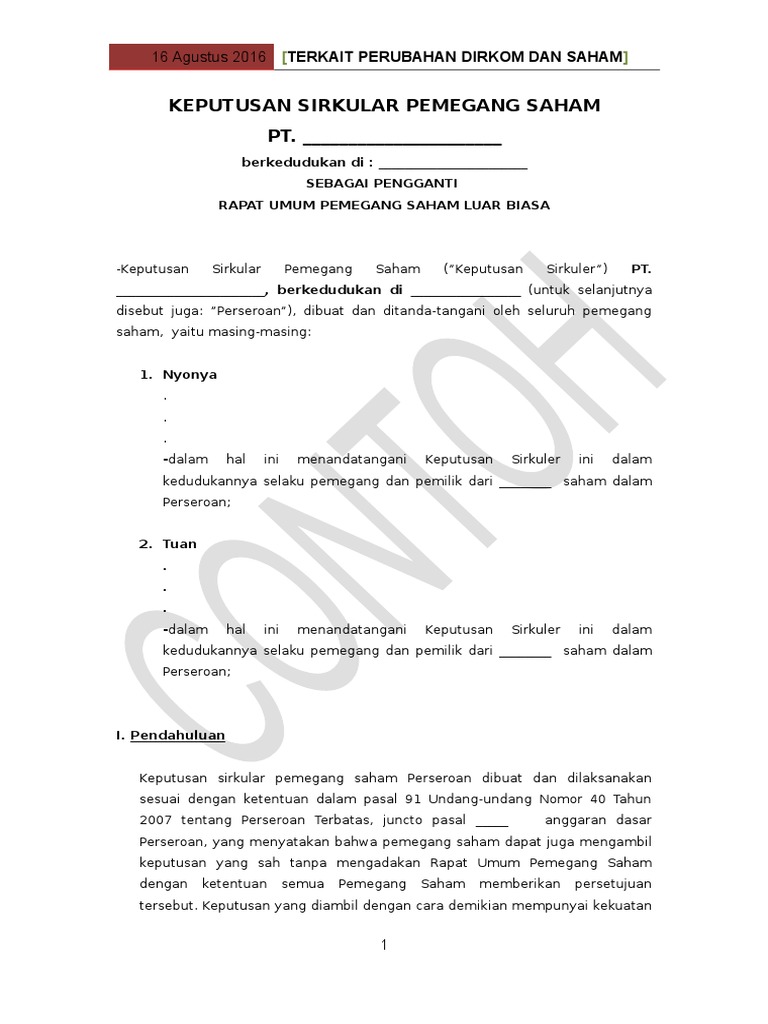 Contoh Keputusan Sirkuler Perubahan Dirkom Dan Saham | PDF