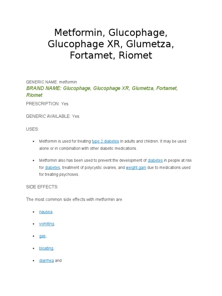 Metformin, Glucophage, Glucophage XR, Glumetza, Fortamet, Riomet | PDF ...