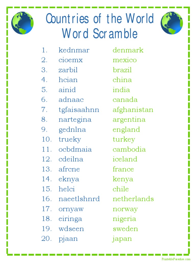 Country Name Scramble Challenge | PDF | Games & Activities
