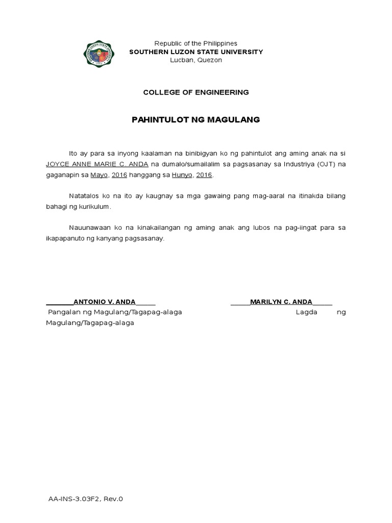 Pahintulot NG Magulang | PDF