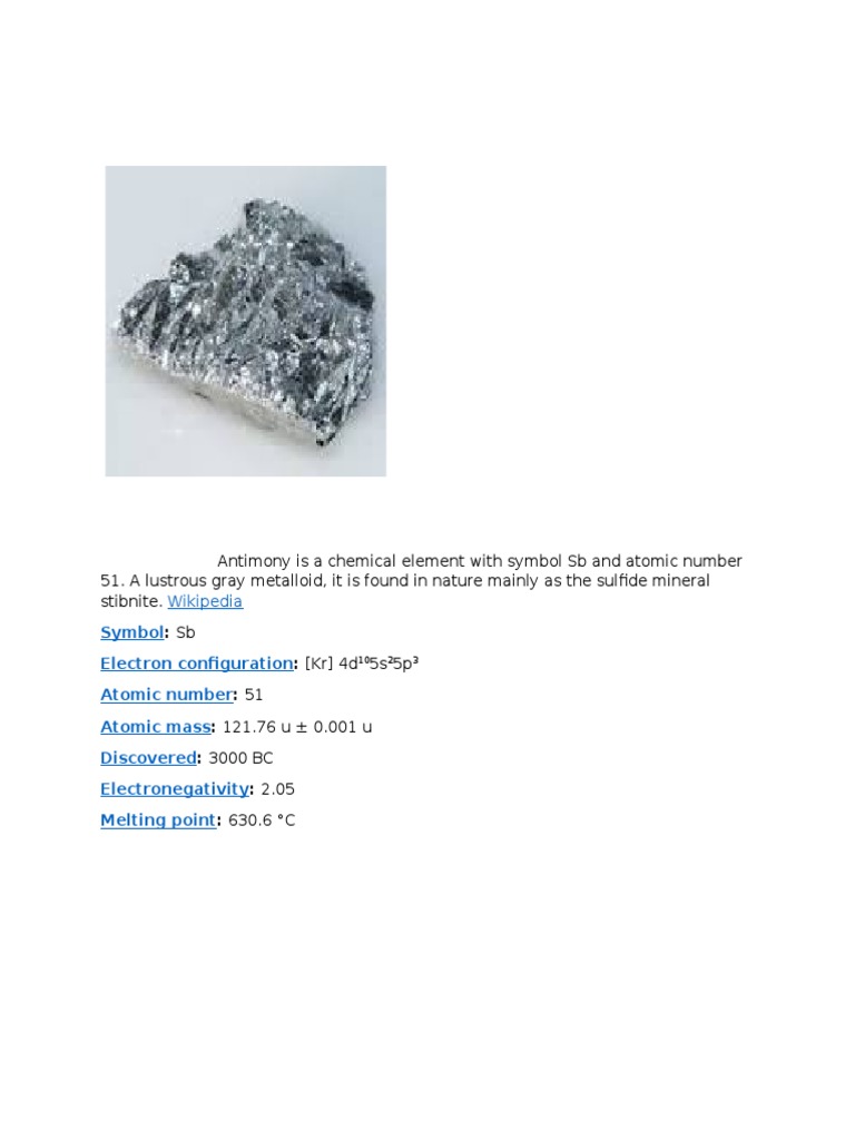 Antimony Is A Chemical Element With Symbol SB and Atomic Number 51. A ...