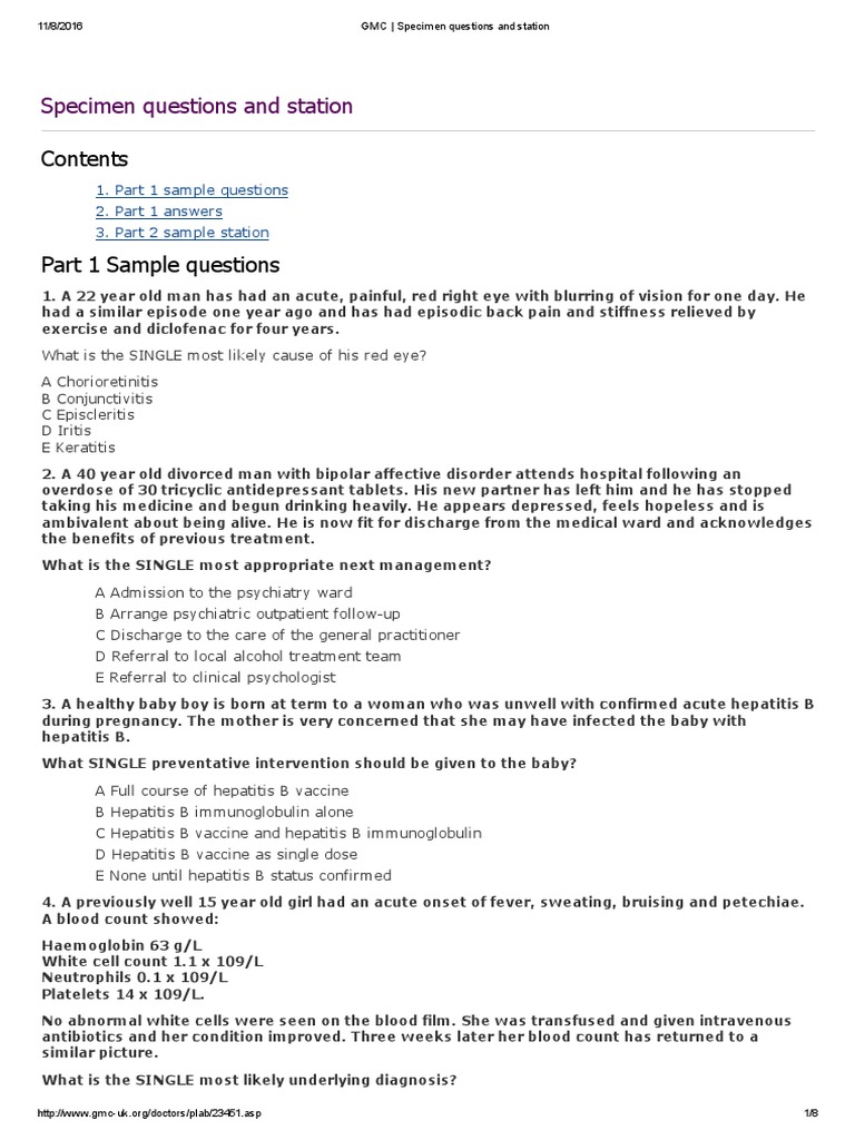 GMC Official PLAB 1 Question Sample | PDF | Hepatitis | Hepatitis B