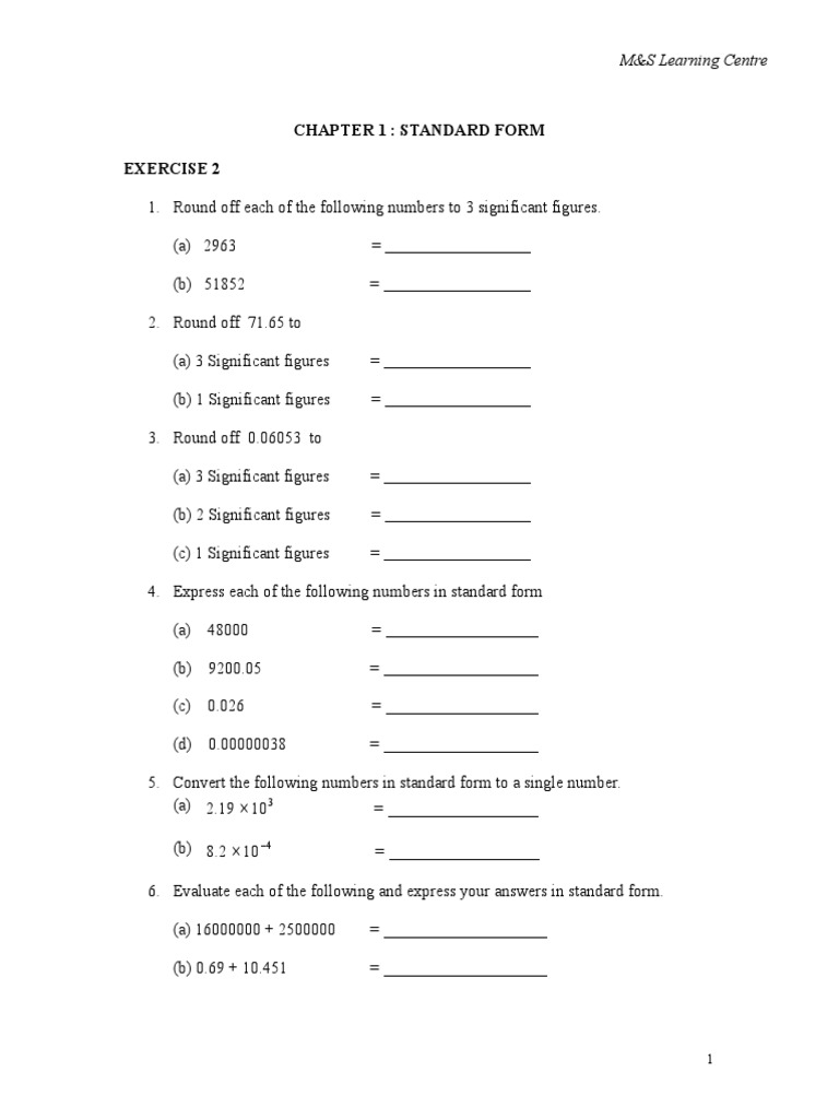 Chapter 1: Standard Form Exercise 2: M&S Learning Centre | PDF