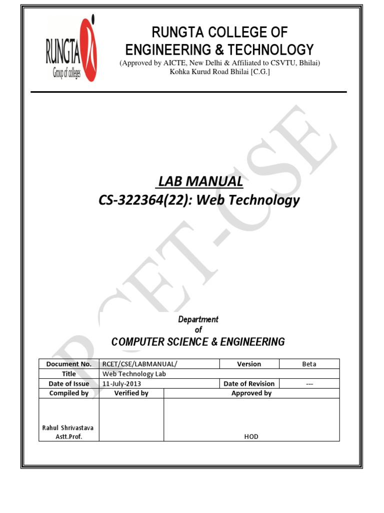 Rungta College of Engineering & Technology: Lab Manual CS-322364 (22) : Web Technology | PDF ...