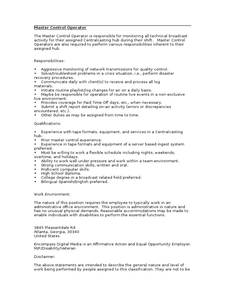 Master Control Operator | PDF