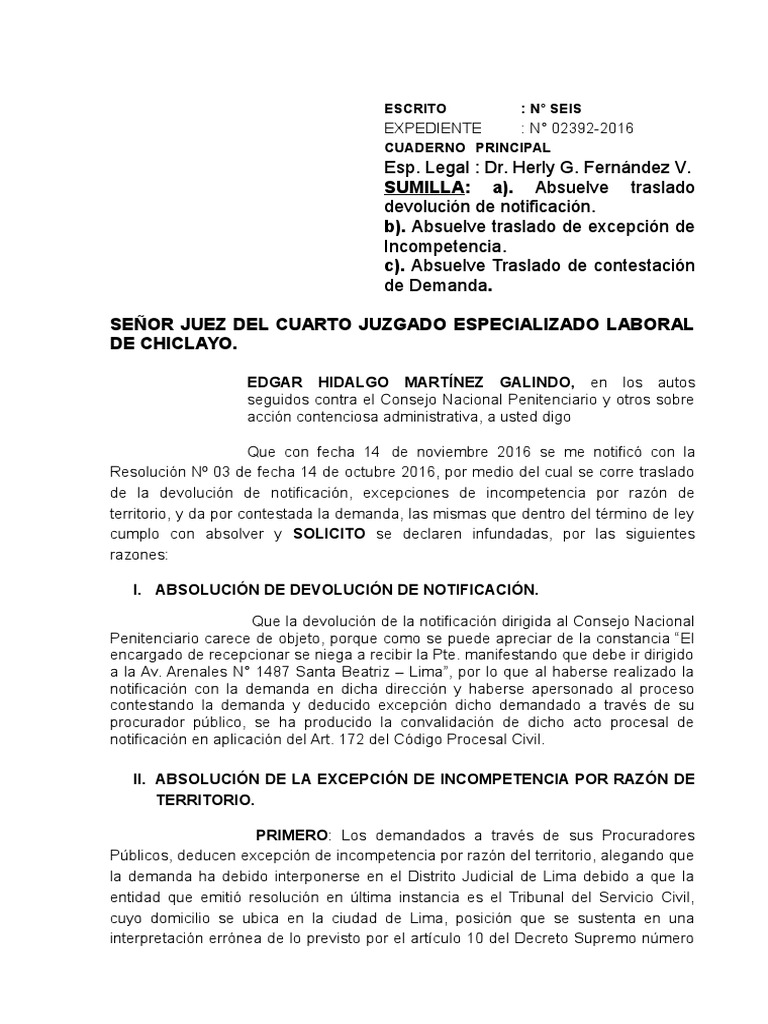 11.- Absolucion Excepcion de Incompetencia | Ley procesal | Demanda ...