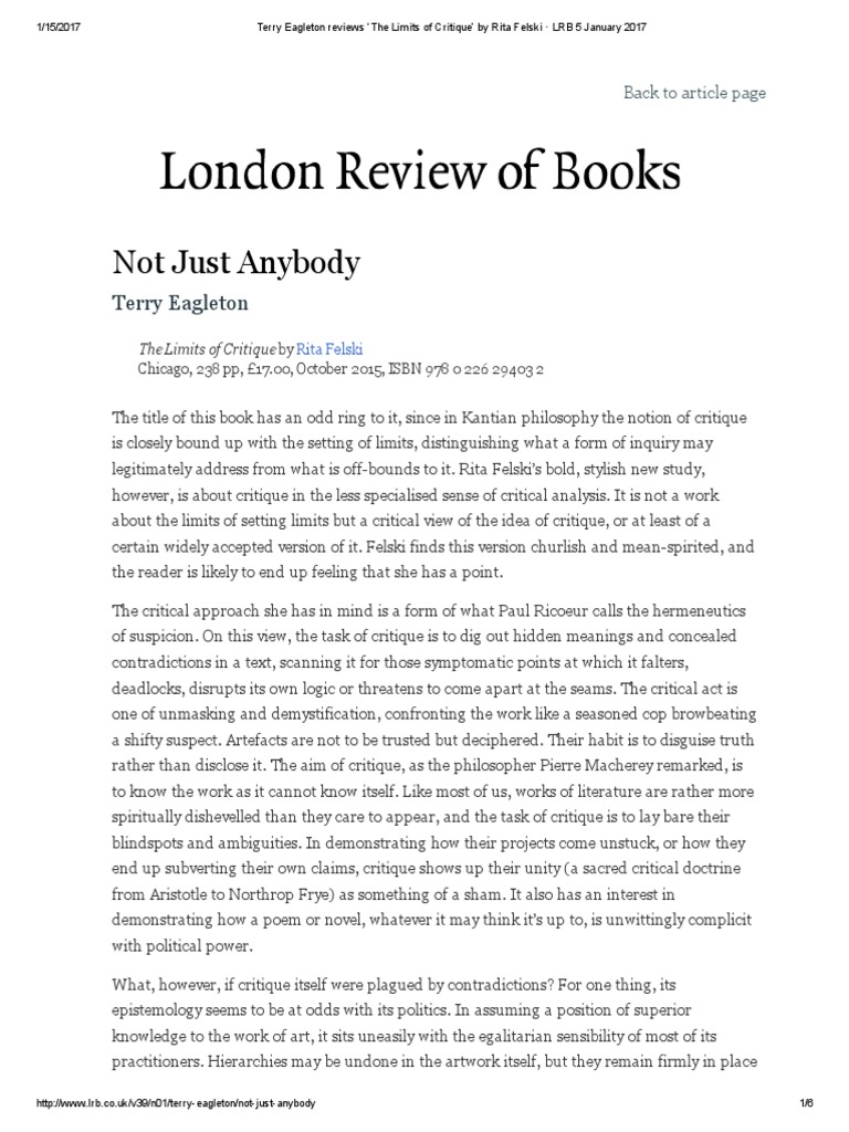 Terry Eagleton Reviews 'The Limits of Critique' by Rita Felski LRB 5 ...