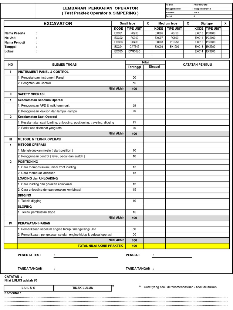 Pengujian Tes Praktek Operator Excavator | PDF