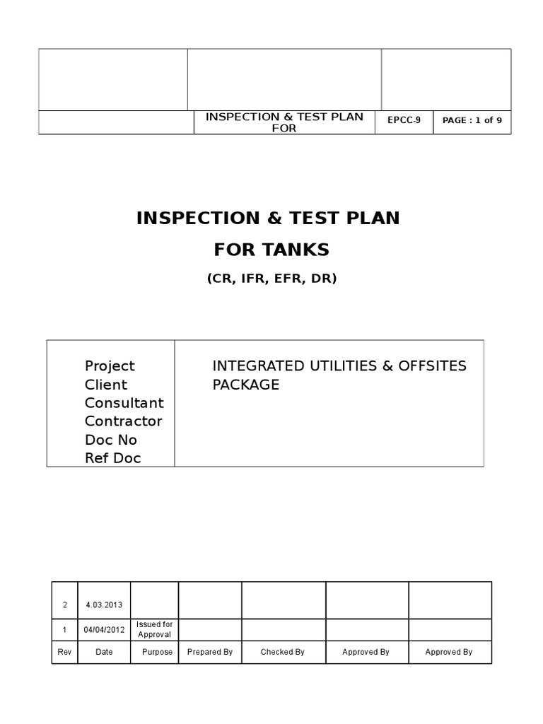 5 - Tank Itp - Inspection & Test Plan for Tanks | Welding | Industries