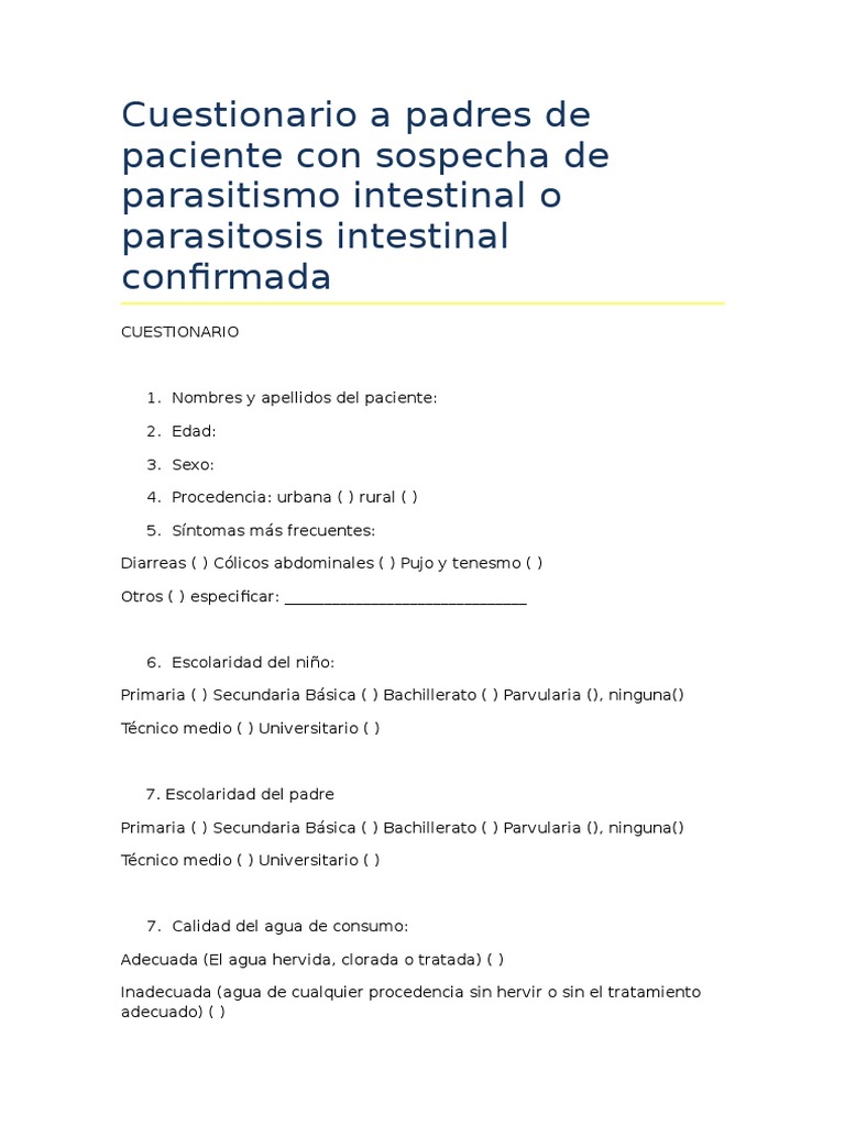 Cuestionario A Padres de Paciente Con Sospecha de Parasitismo ...