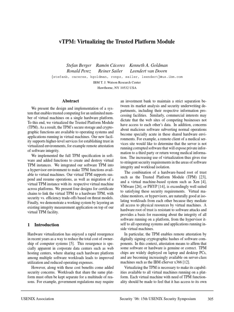 VTPM: Virtualizing The Trusted Platform Module | PDF | Trusted Computing | Virtual Machine