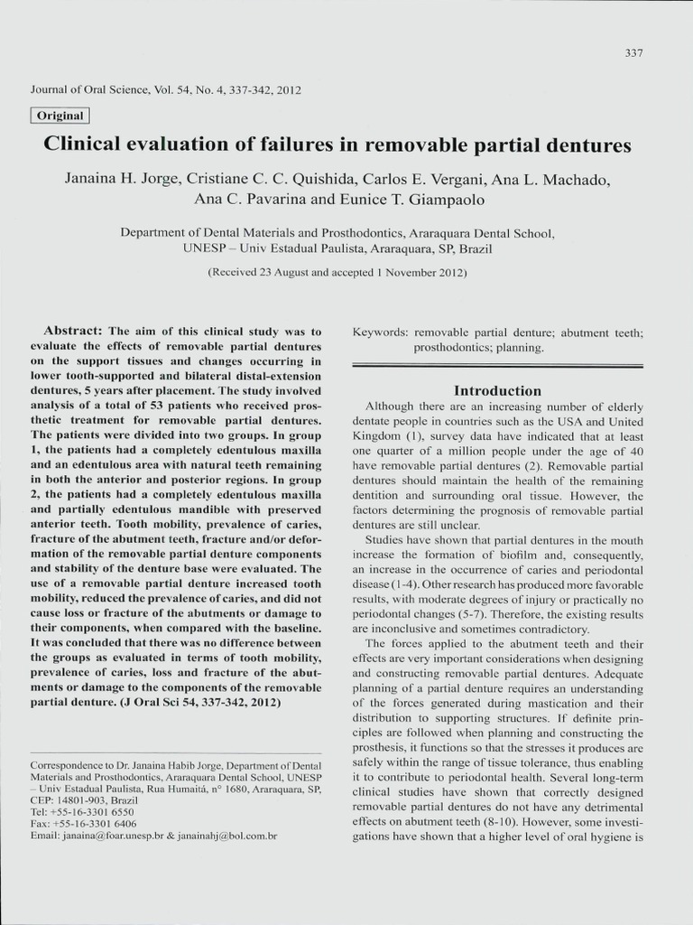 Clinical Evaluation of Failures of Removable Partial Dentures | PDF ...