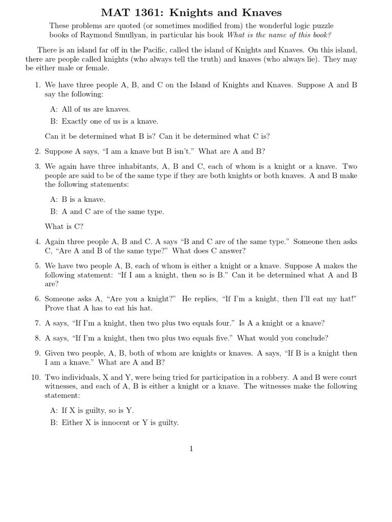 Knights and Knaves Logic Puzzles | PDF | Travel | Religion & Spirituality