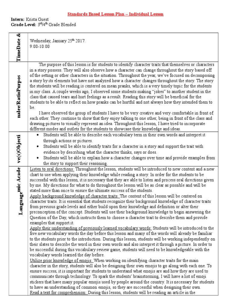 Standards Based Lesson Plan - Individual Lesson: Intern: Krista Guest ...