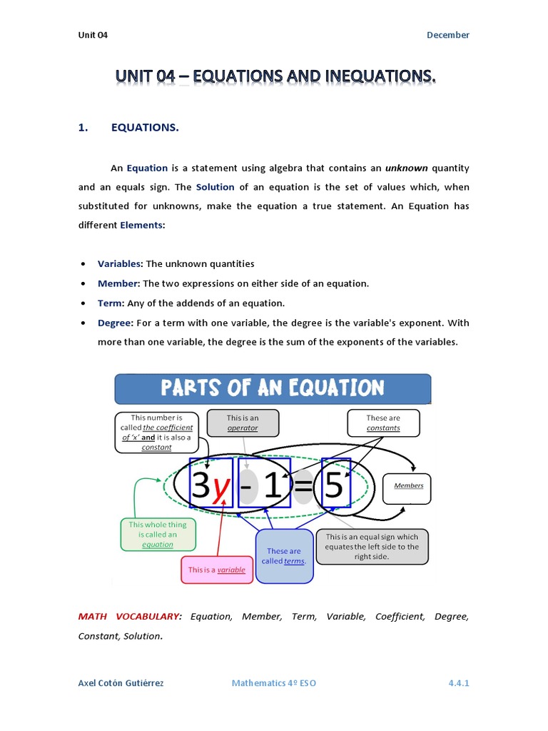 4 ESO Academics - UNIT 04 - EQUATIONS AND INEQUATIONS | PDF | Quadratic Equation | Equations