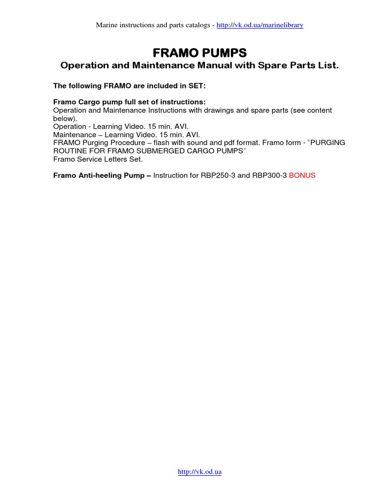 Framo Pumps: Operation and Maintenance Manual With Spare Parts List | PDF