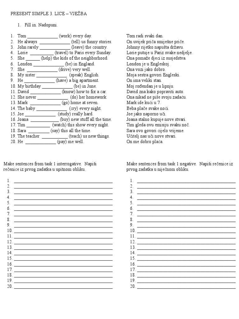 Present Simple - 3. Lice Vježba | PDF | Language Arts & Discipline ...