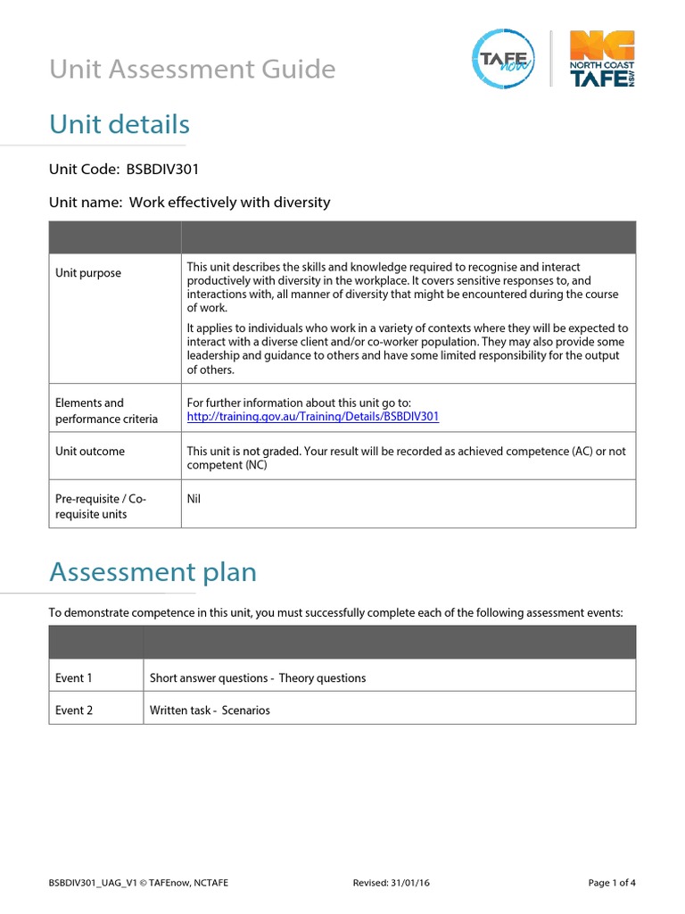 BSBDIV301 Unit Assessment Guide v1 | PDF | Facilitator | Educational Assessment