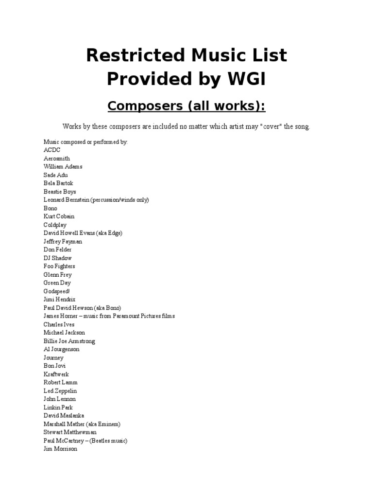Restricted Music List | PDF | Musicians | Music Award Winners