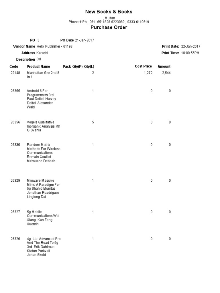 New Books & Books Purchase Order: PO PO Date Vendor Name Address ...