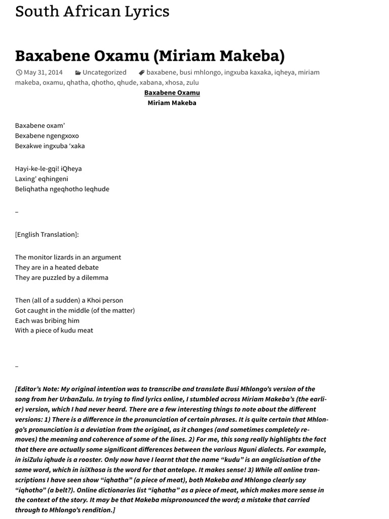 Baxabene Oxamu Lyrics by Miriam Makeba | PDF | Communication | Linguistics