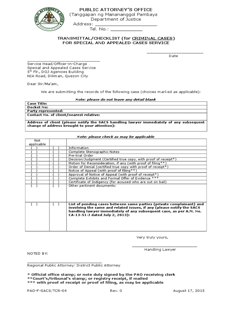 Form Transmittal, Checklist CR | PDF