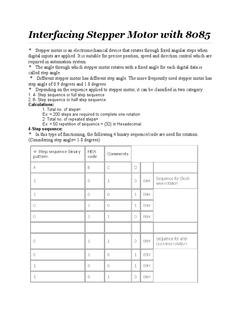 Interfacing Stepper Motor With 8085: Calculations | PDF