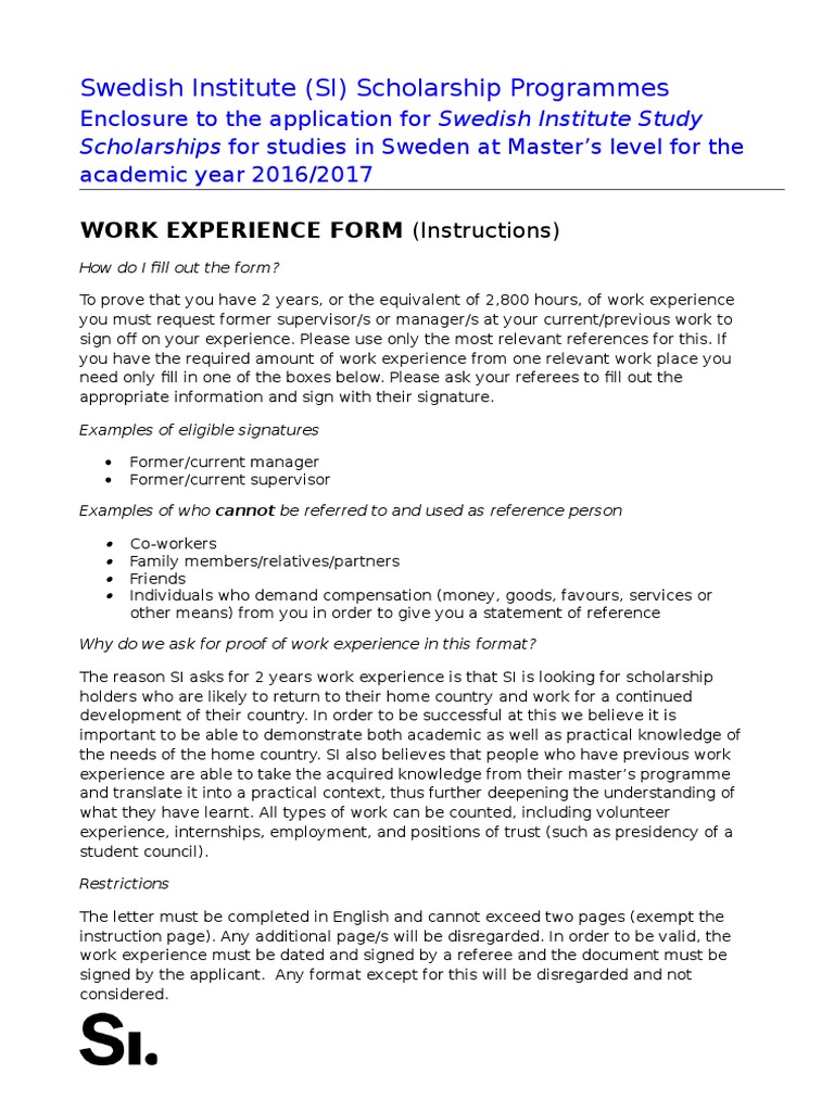 Proof of Work Experience Template SISS 2016 2017 | Sweden | Business