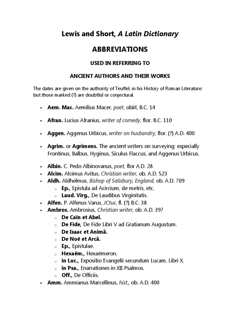 Lewis and Short, A Latin Dictionary Abbreviations | PDF