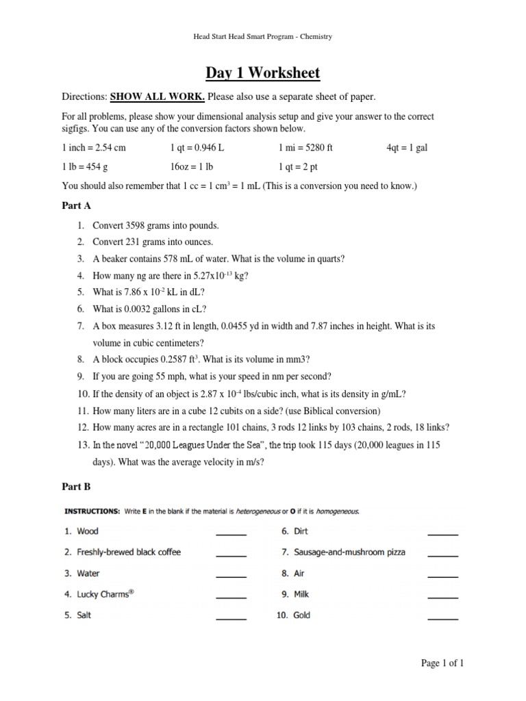Day 1 Worksheet: Directions: SHOW ALL WORK. Please Also Use A Separate ...