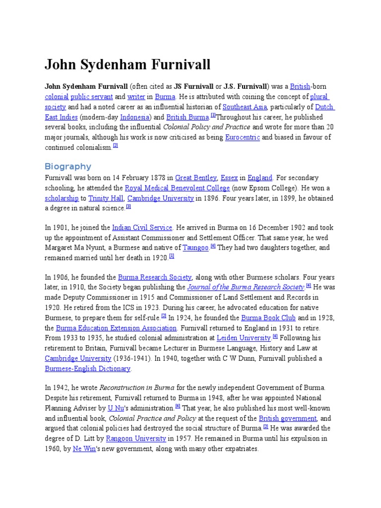 John Sydenham Furnivall | Download Free PDF | Politics (General ...