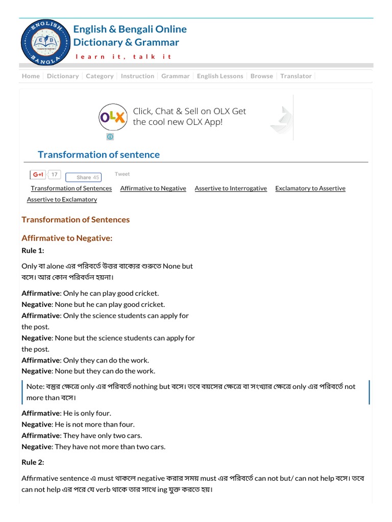Transformation of Sentences (Affirmative To Negative:) - English Grammar ( ) | PDF | Languages ...