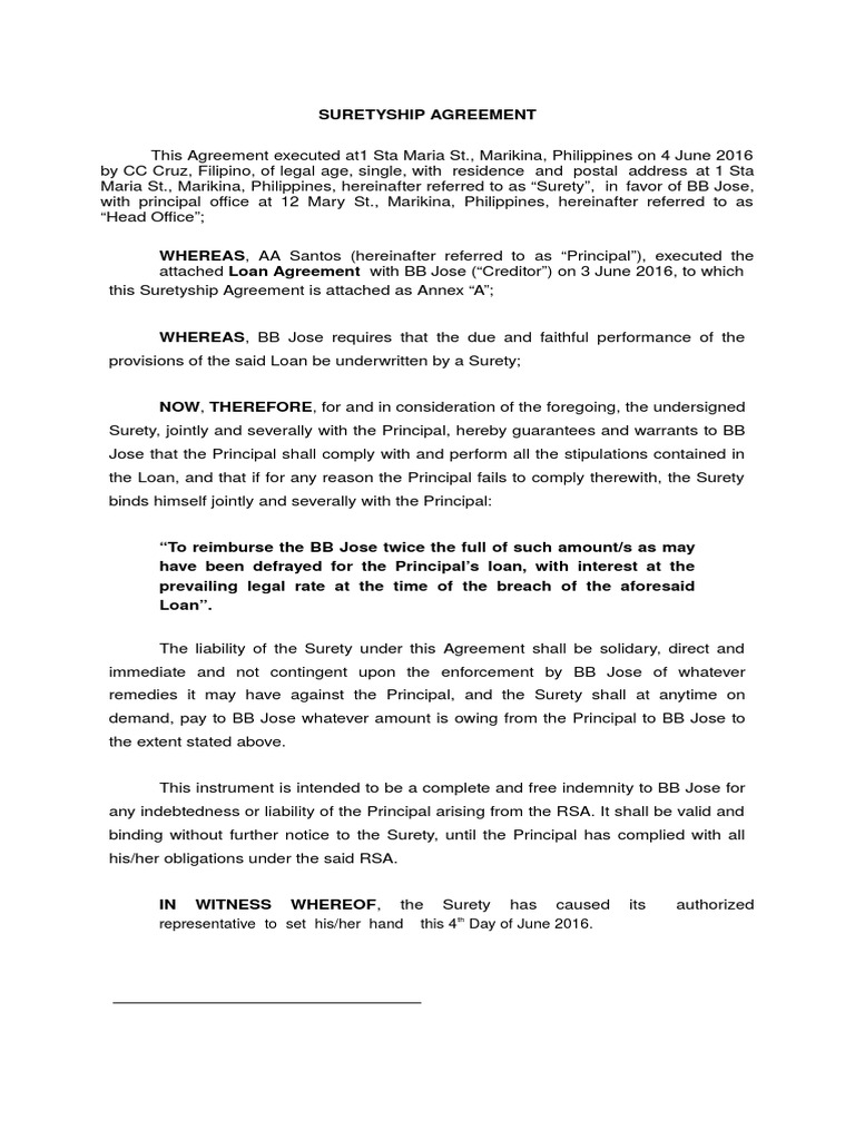 Suretyship Agreement | Promissory Note | Civil Law (Legal System)