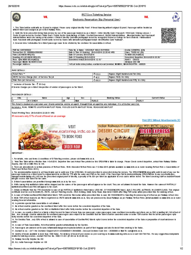 IRCTC e-Ticket Booking Details | PDF | Identity Document | Ticket ...