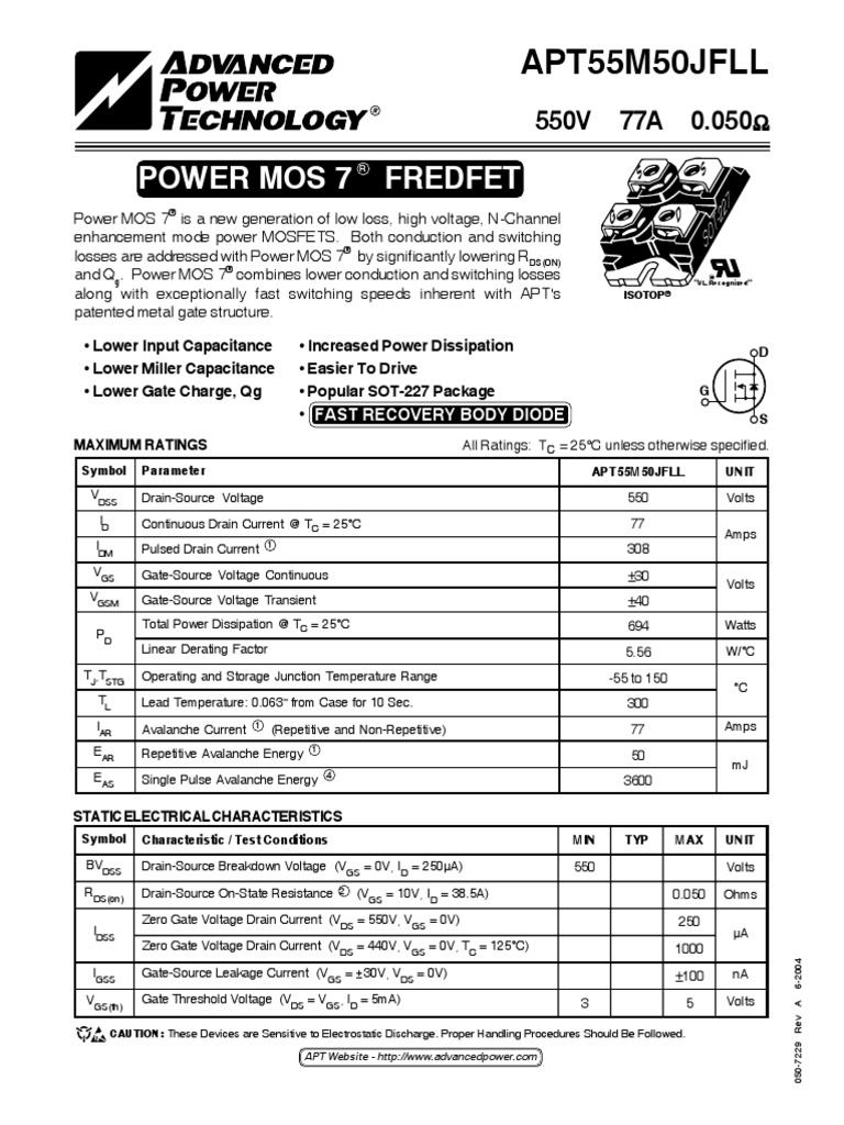 Power Mos 7 Fredfet: APT55M50JFLL | PDF | Mosfet | Field Effect Transistor