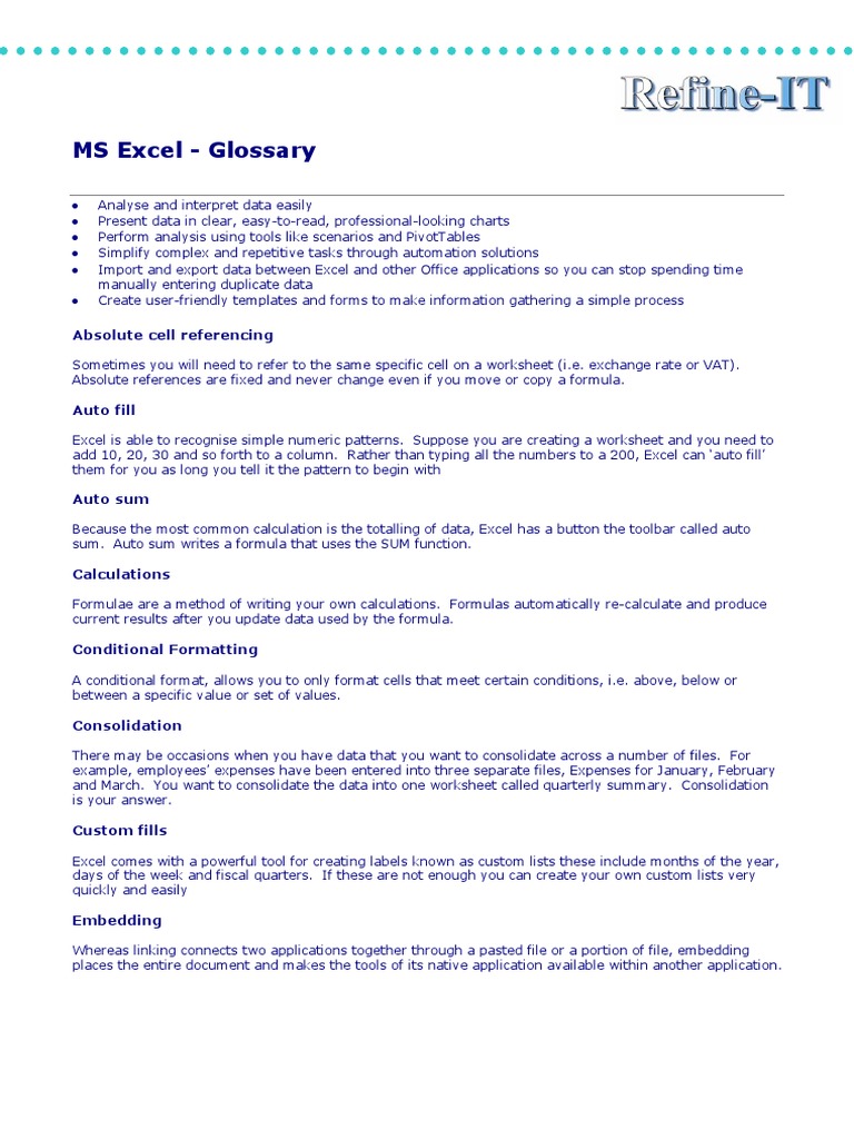 MS Excel Glossary | Microsoft Excel | Areas Of Computer Science