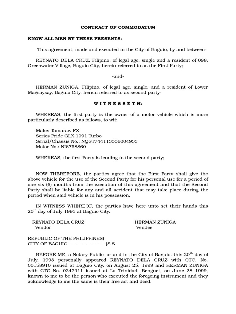 Contract of Commodatum Know All Men by These Presents | PDF