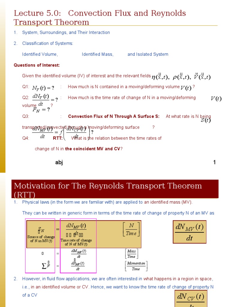 2103-351 - 2009 - Lecture Slide 5.0 - Convection Flux and Reynolds Transport Theorem (RTT) | PDF ...
