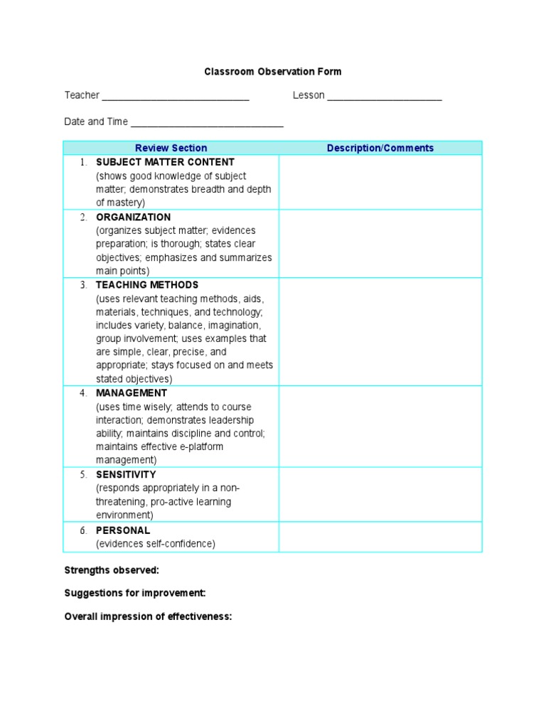 Classroom Observation Form: Review Section Description/Comments | PDF