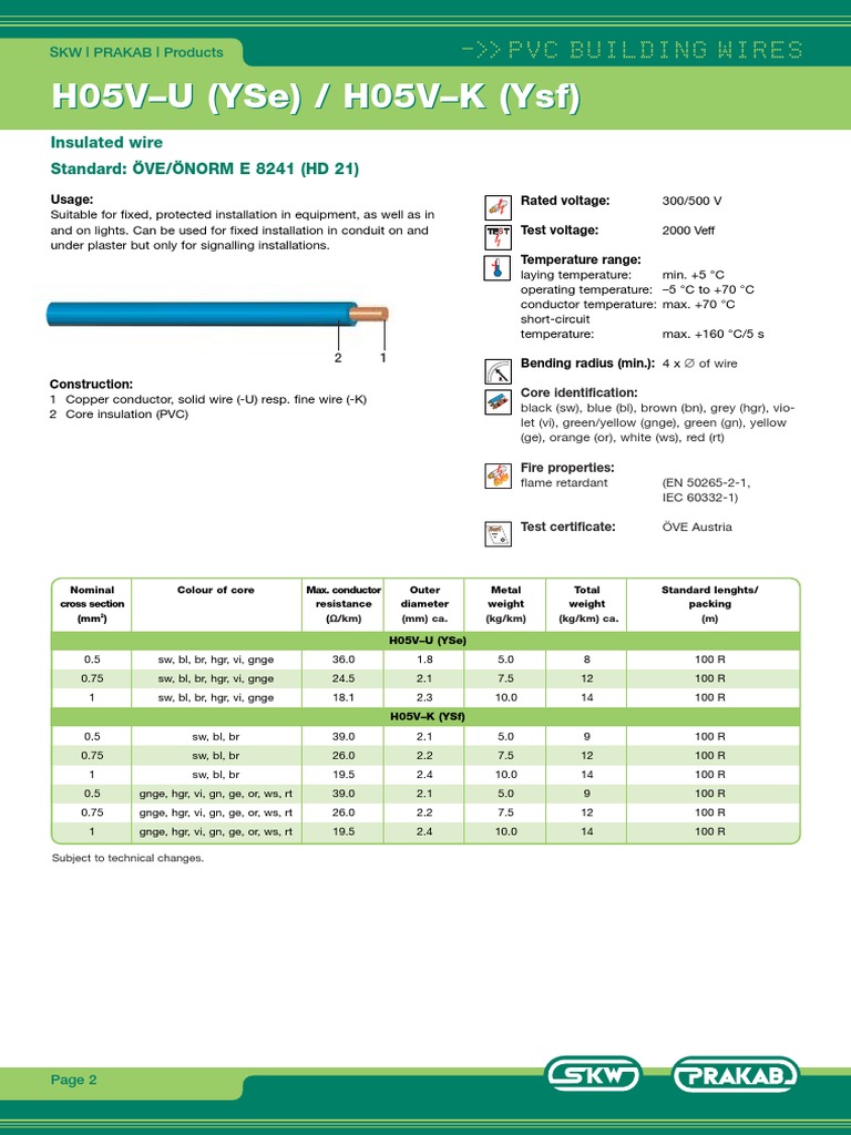 H05V-U (Yse) / H05V-K (Ysf) | PDF | Cable | Electrical Conductor