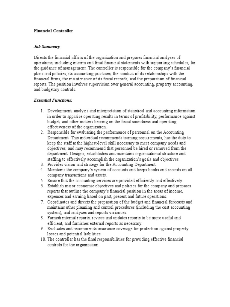 Job Summary:: Financial Controller | PDF