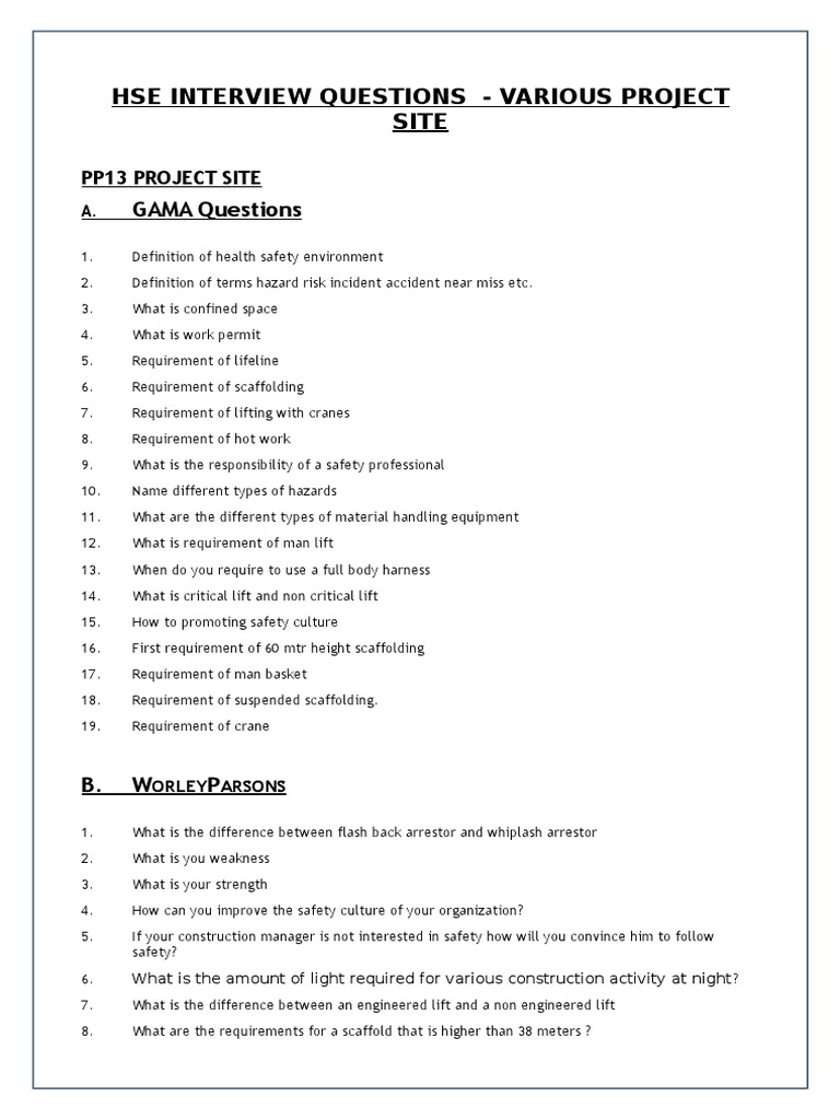 Hse Interview Questions - Various Project Sites | PDF | Safety | Crane ...